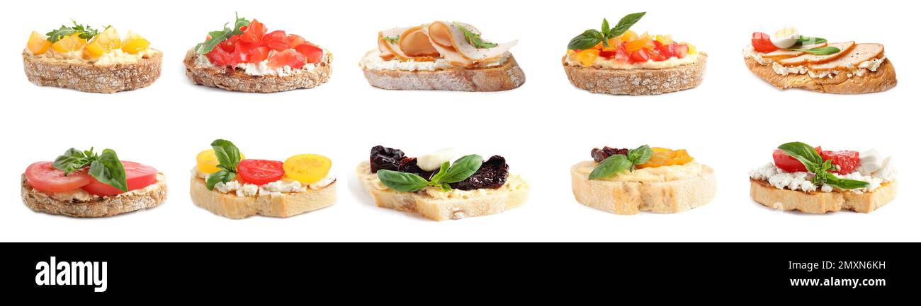 Set of toasted bread with different toppings on white background ...