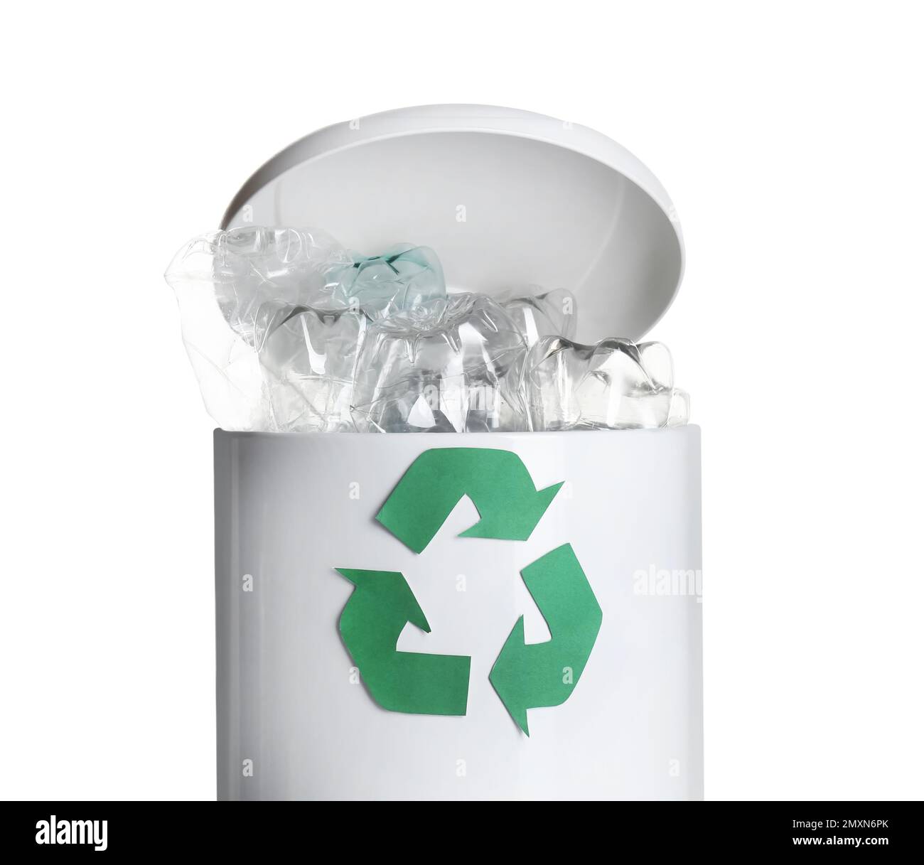 Many used bottles in trash bin isolated on white. Plastic recycling Stock Photo - Alamy