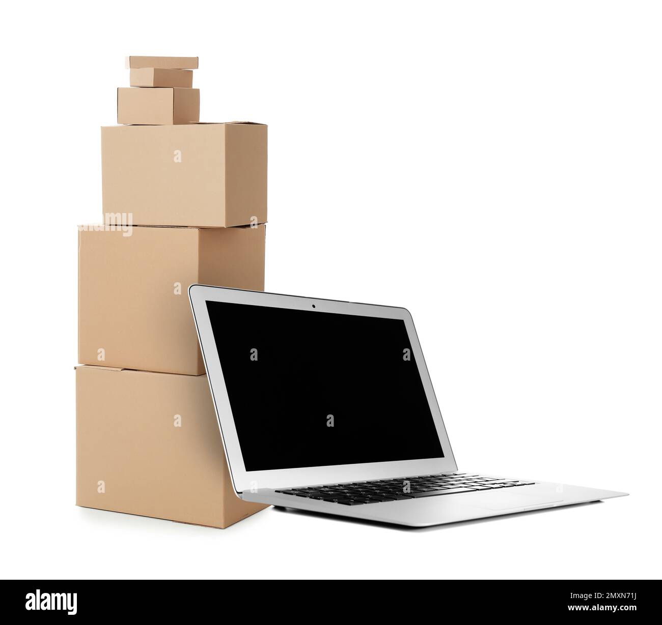 Online selling. Laptop and parcels on white background Stock Photo - Alamy