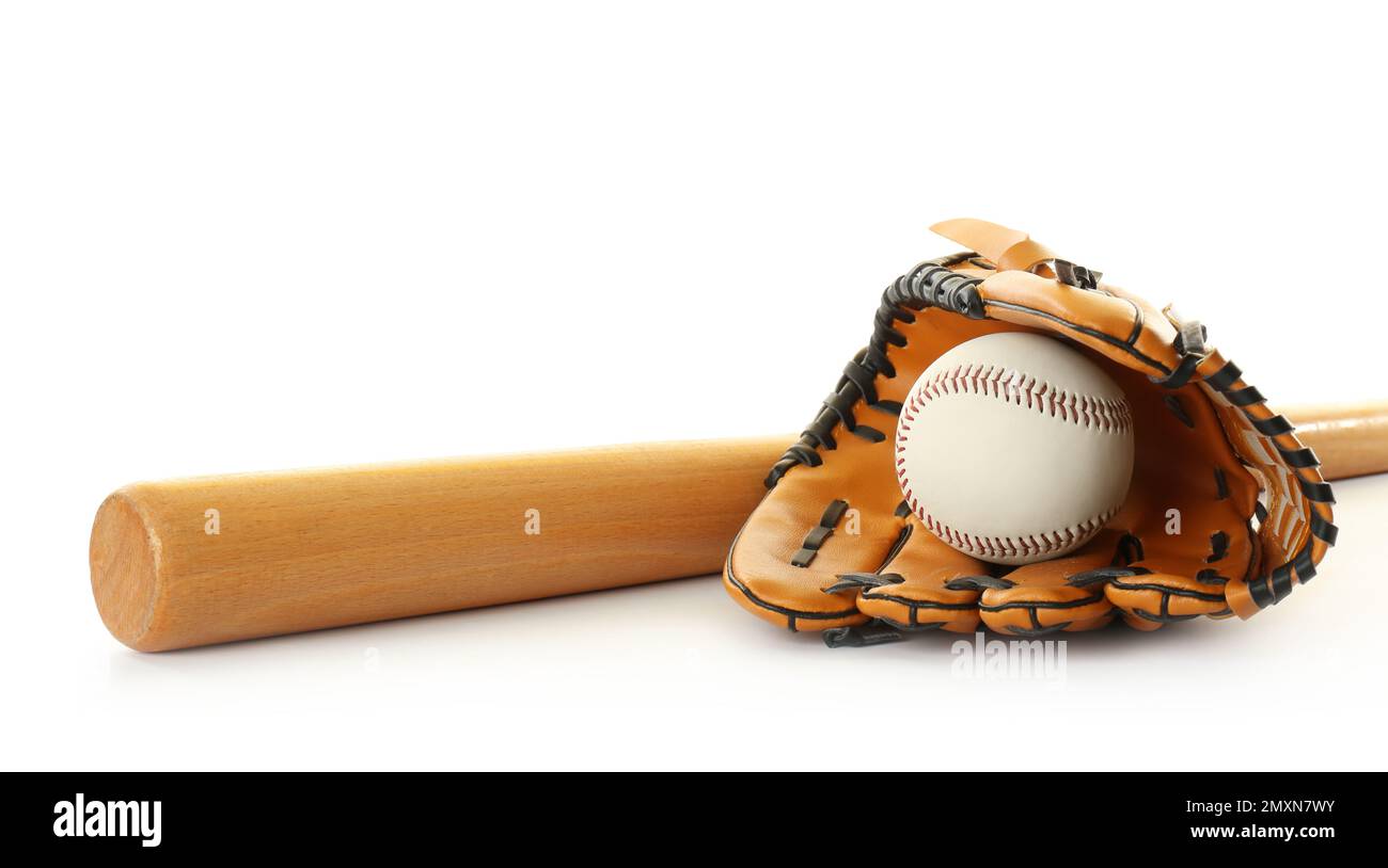 Leather baseball ball, bat and glove on white background Stock Photo ...