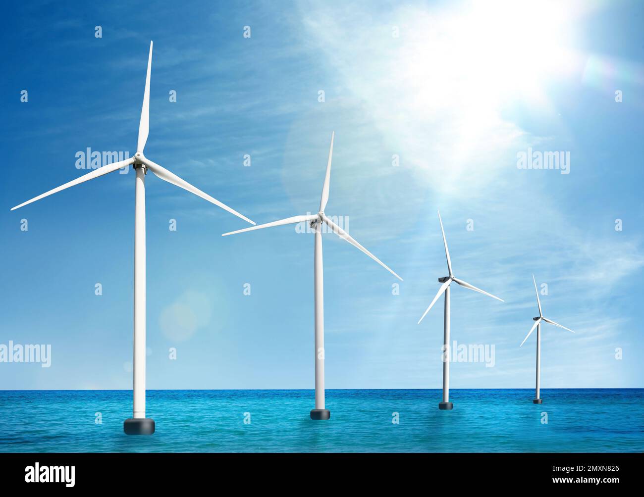 Floating wind turbines installed in sea. Alternative energy source ...