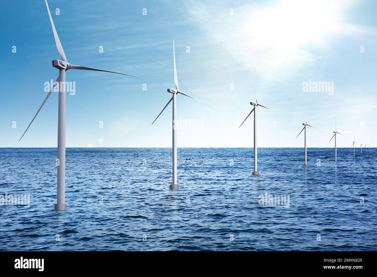 Floating wind turbines installed in sea. Alternative energy source ...