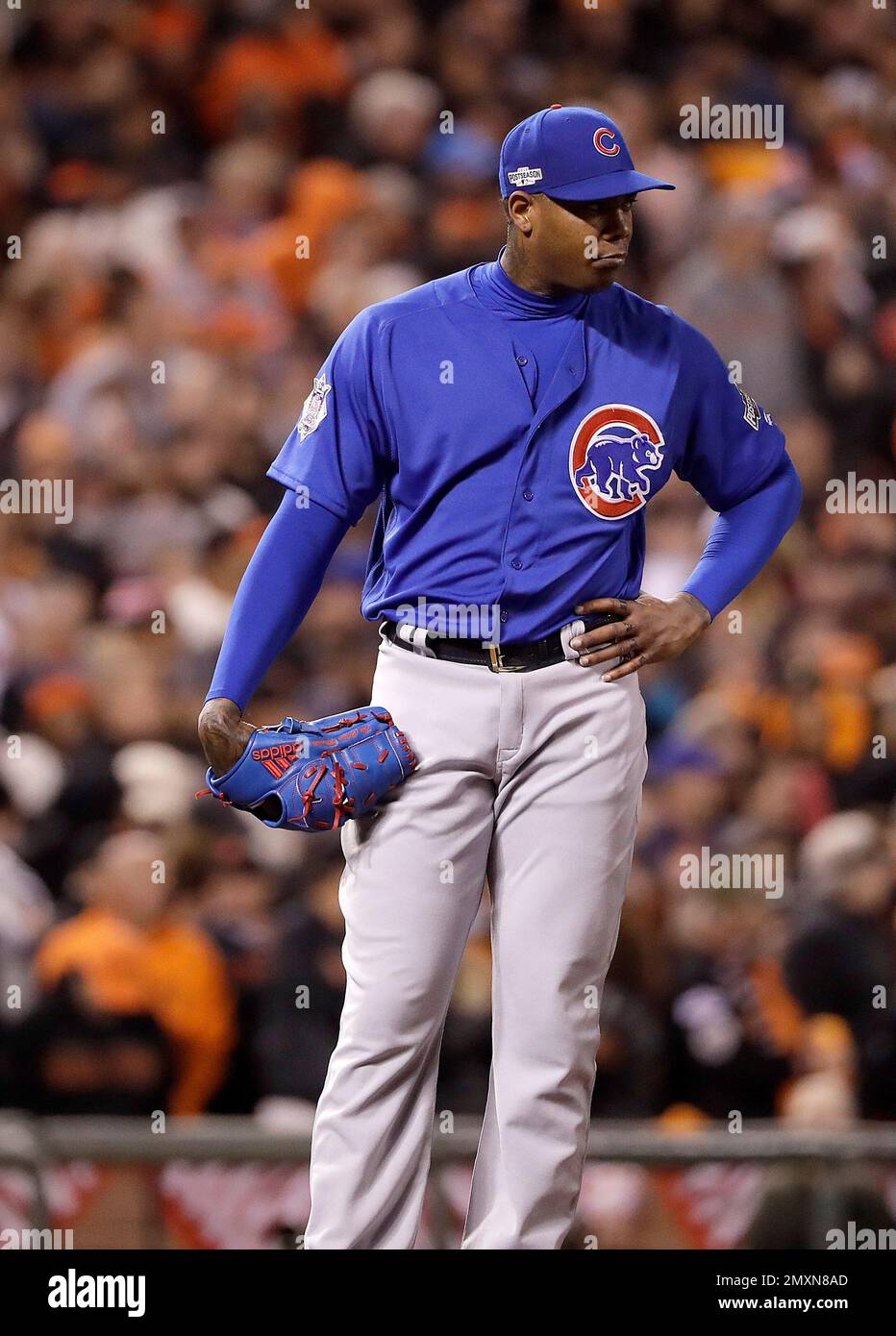 Chicago Cubs pitcher Aroldis Chapman reacts during the eighth inning of ...