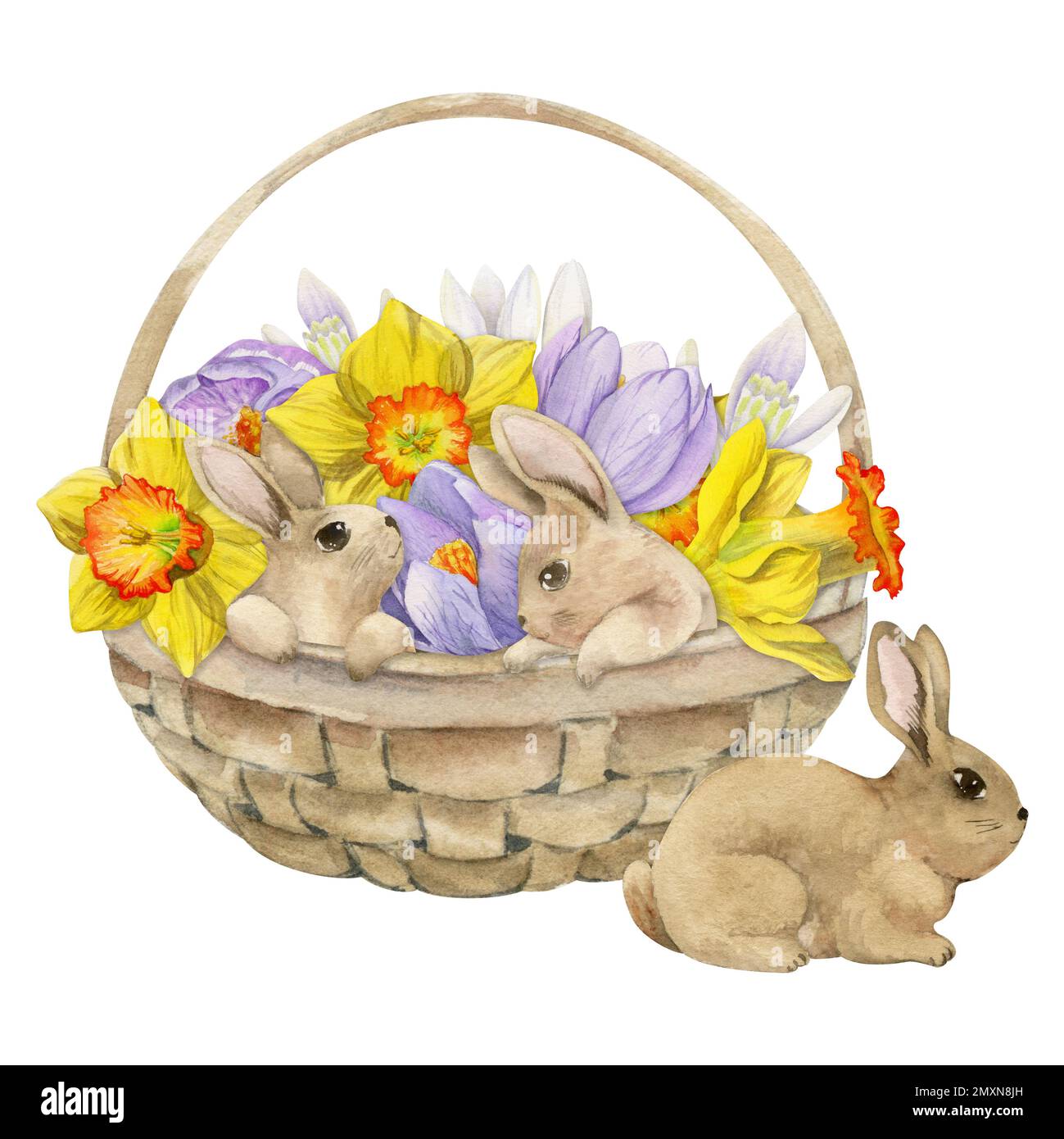 Watercolor hand drawn Easter celebration clipart. Basket with painted ...