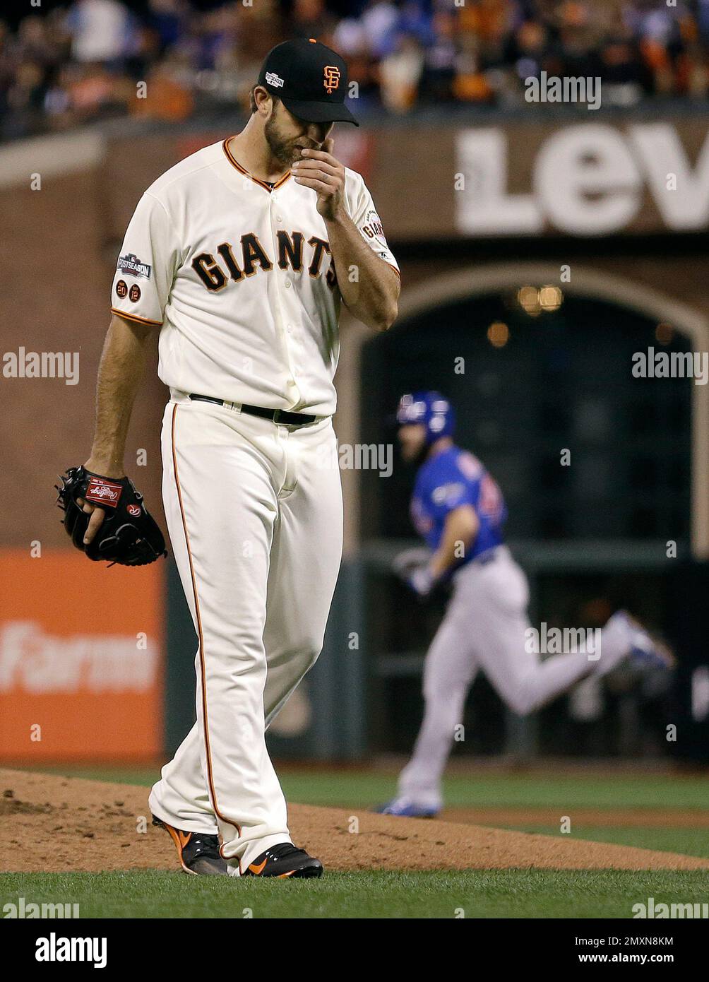 San Francisco Giants pitcher Madison Bumgarner, foreground, reacts ...