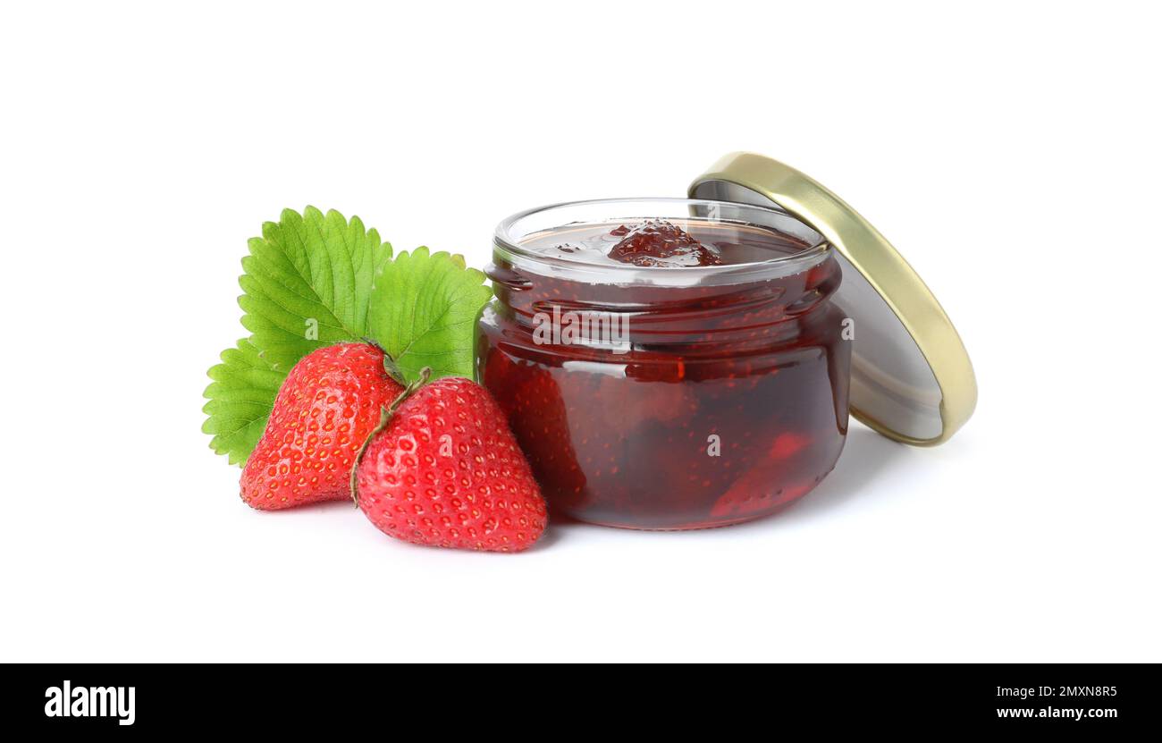 Delicious pickled strawberry jam and fresh berries isolated on white ...