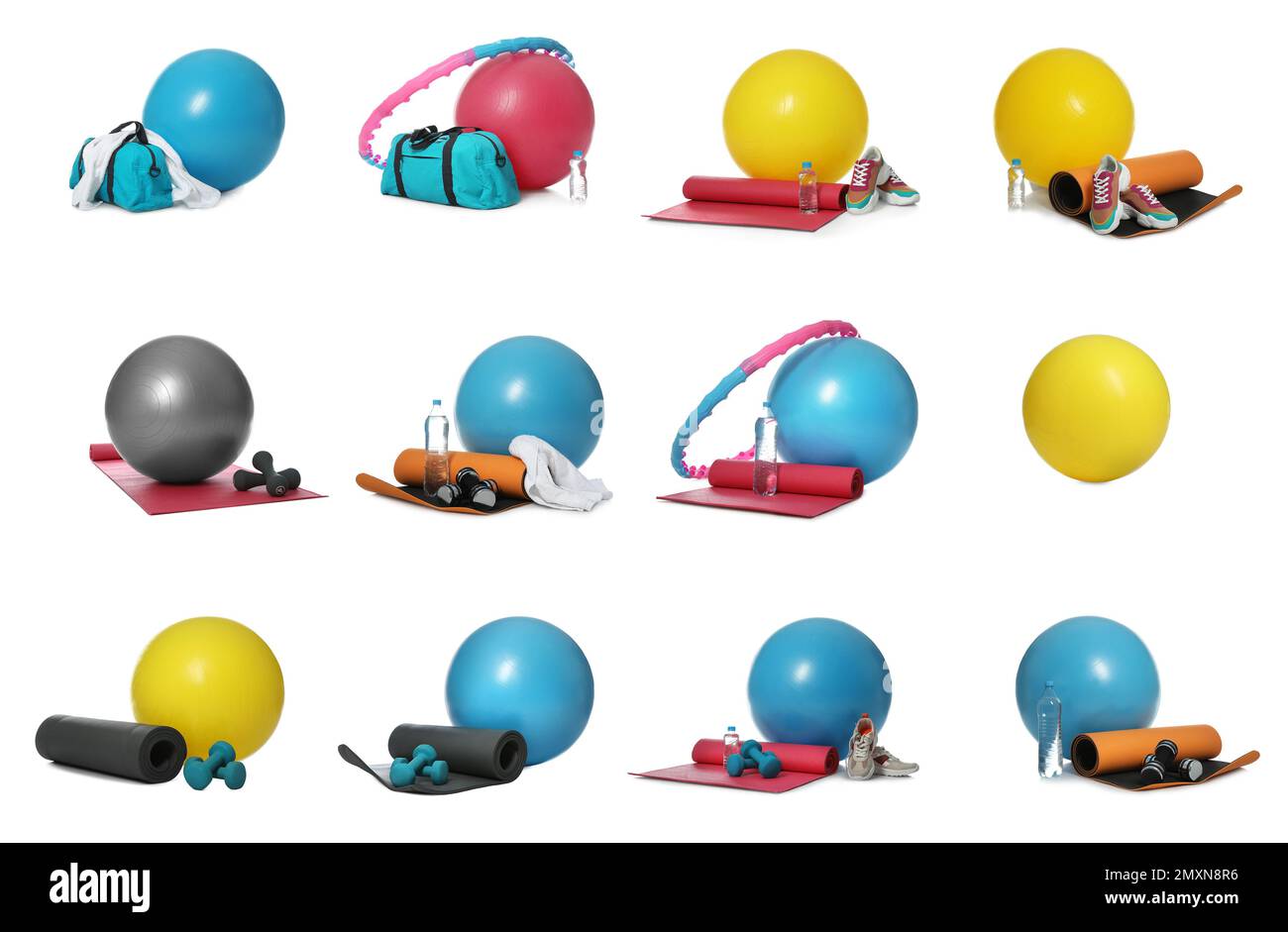 Set of fitness balls and other sport accessories on white background ...