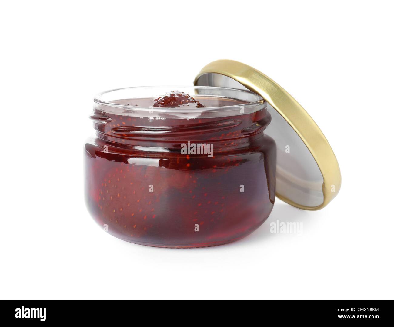 Delicious pickled strawberry jam in glass jar isolated on white Stock ...