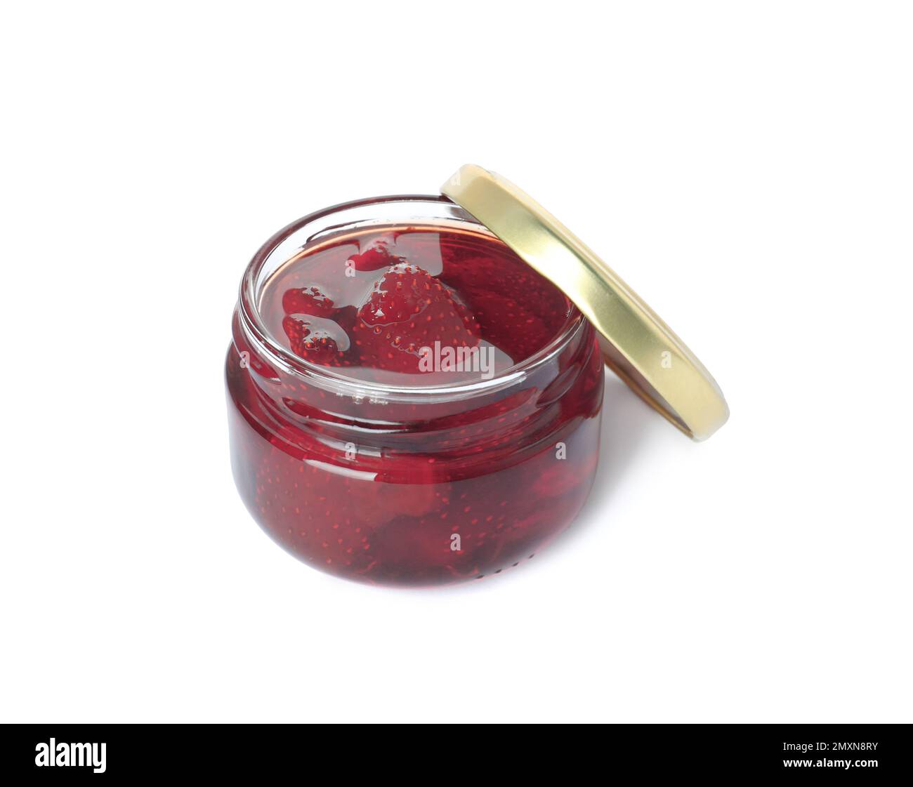 Delicious pickled strawberry jam in glass jar isolated on white Stock ...