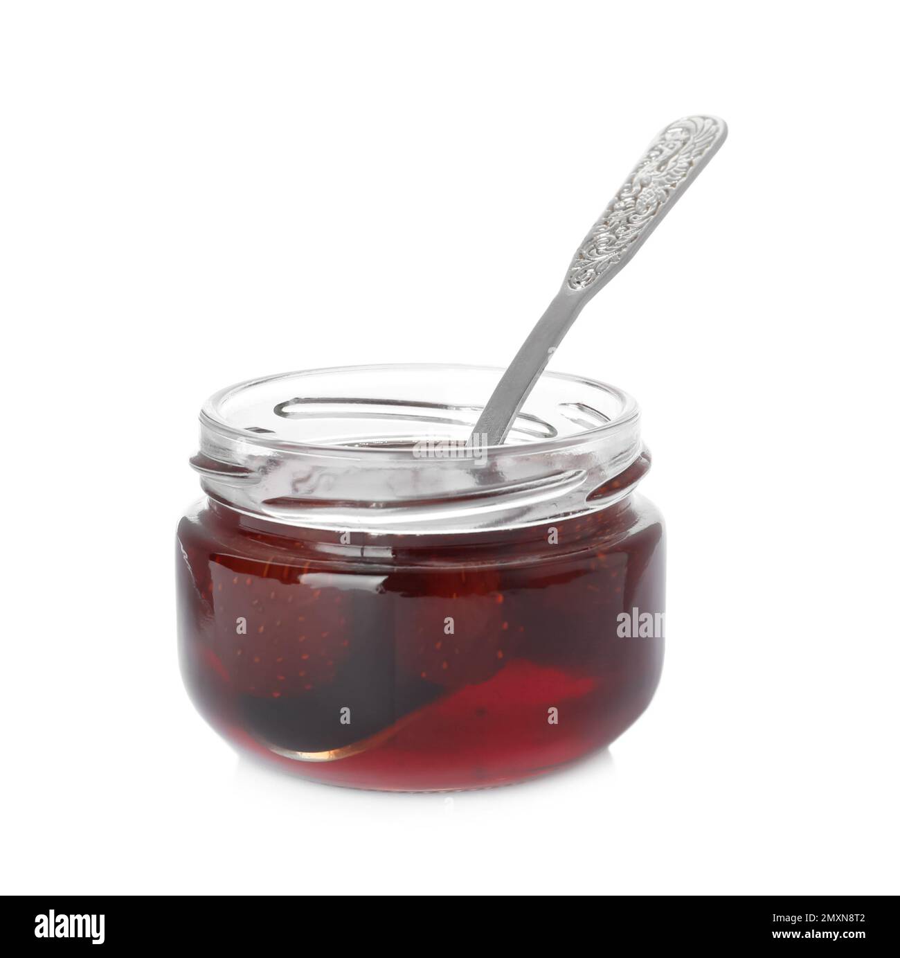 Delicious pickled strawberry jam in glass jar isolated on white Stock ...
