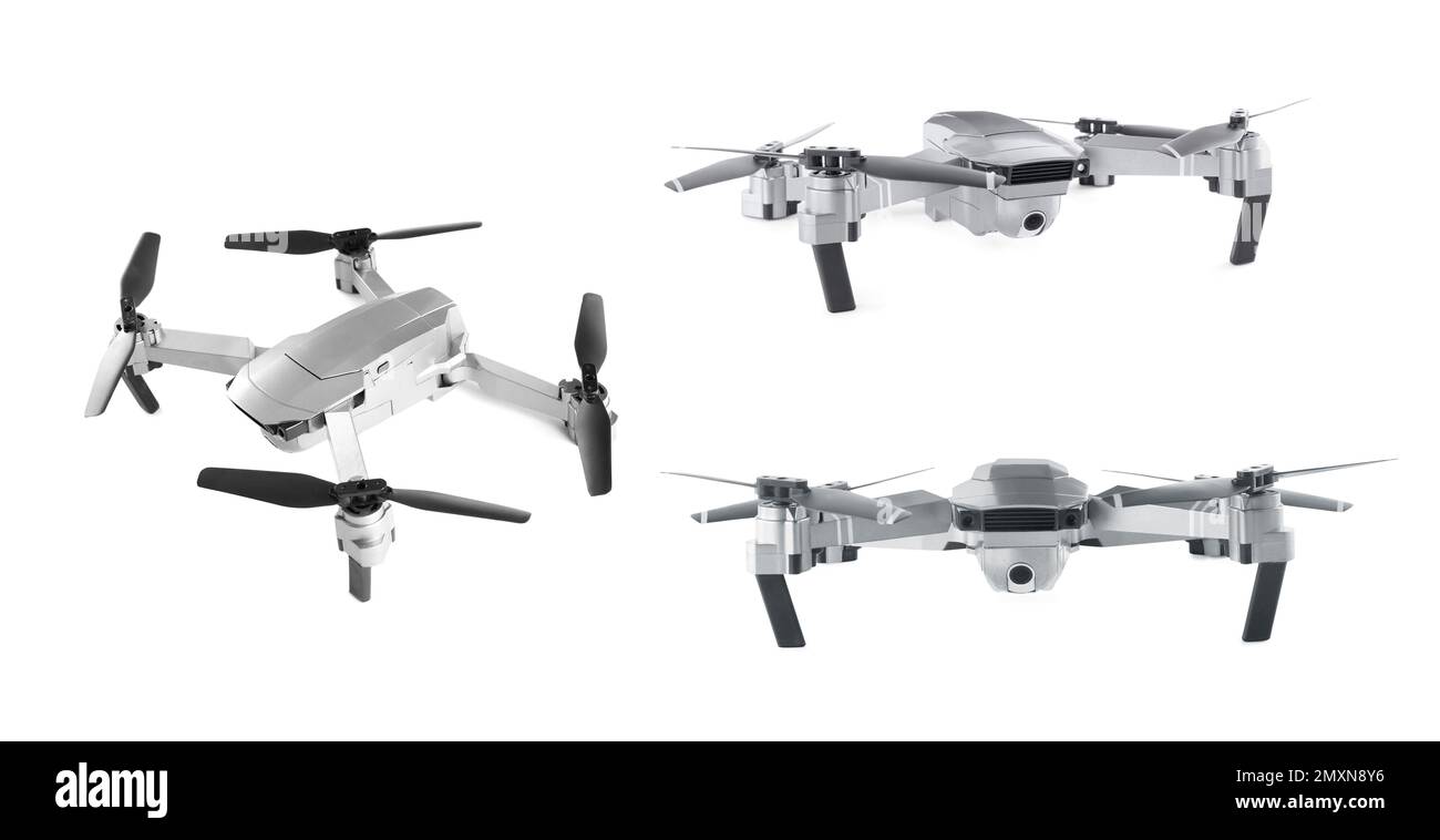 Modern drone on white background, views from different sides. Banner ...