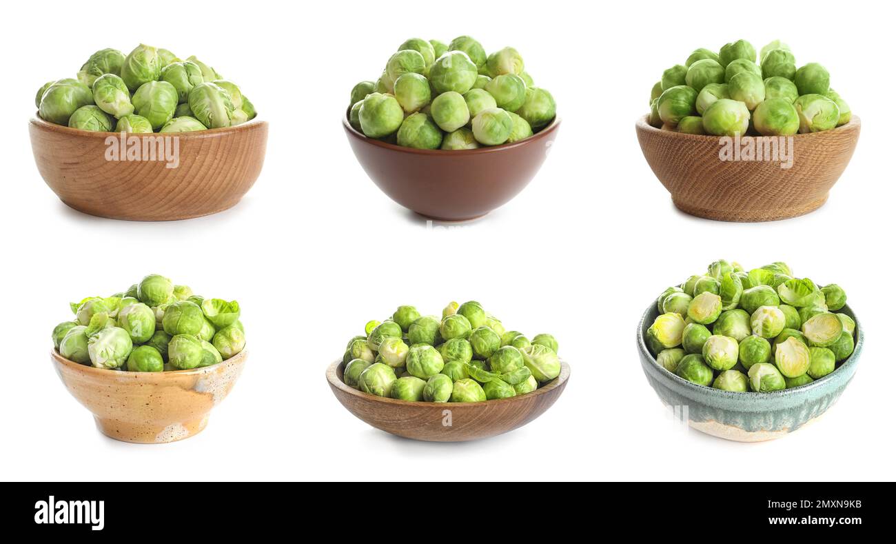 Set of fresh Brussels sprouts in bowls on white background. Banner ...