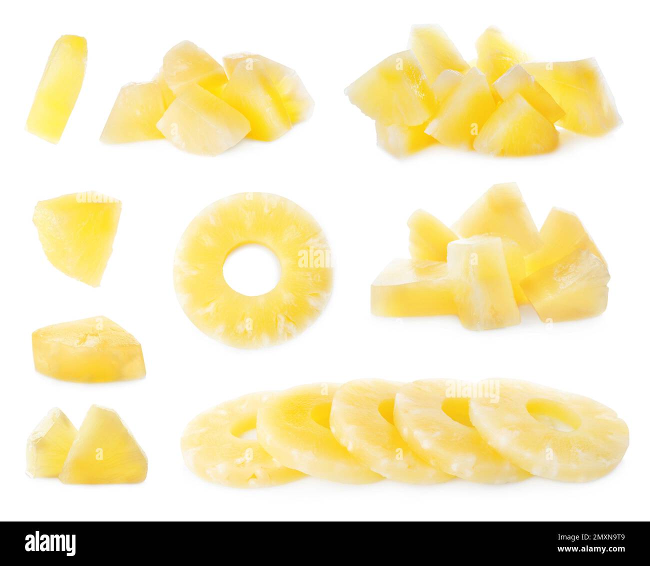 Set of canned pineapple rings and pieces on white background Stock ...