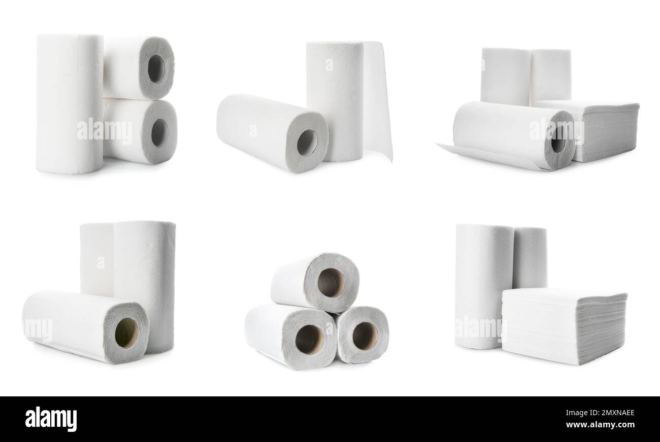 Set with rolls of paper tissues isolated on white Stock Photo - Alamy