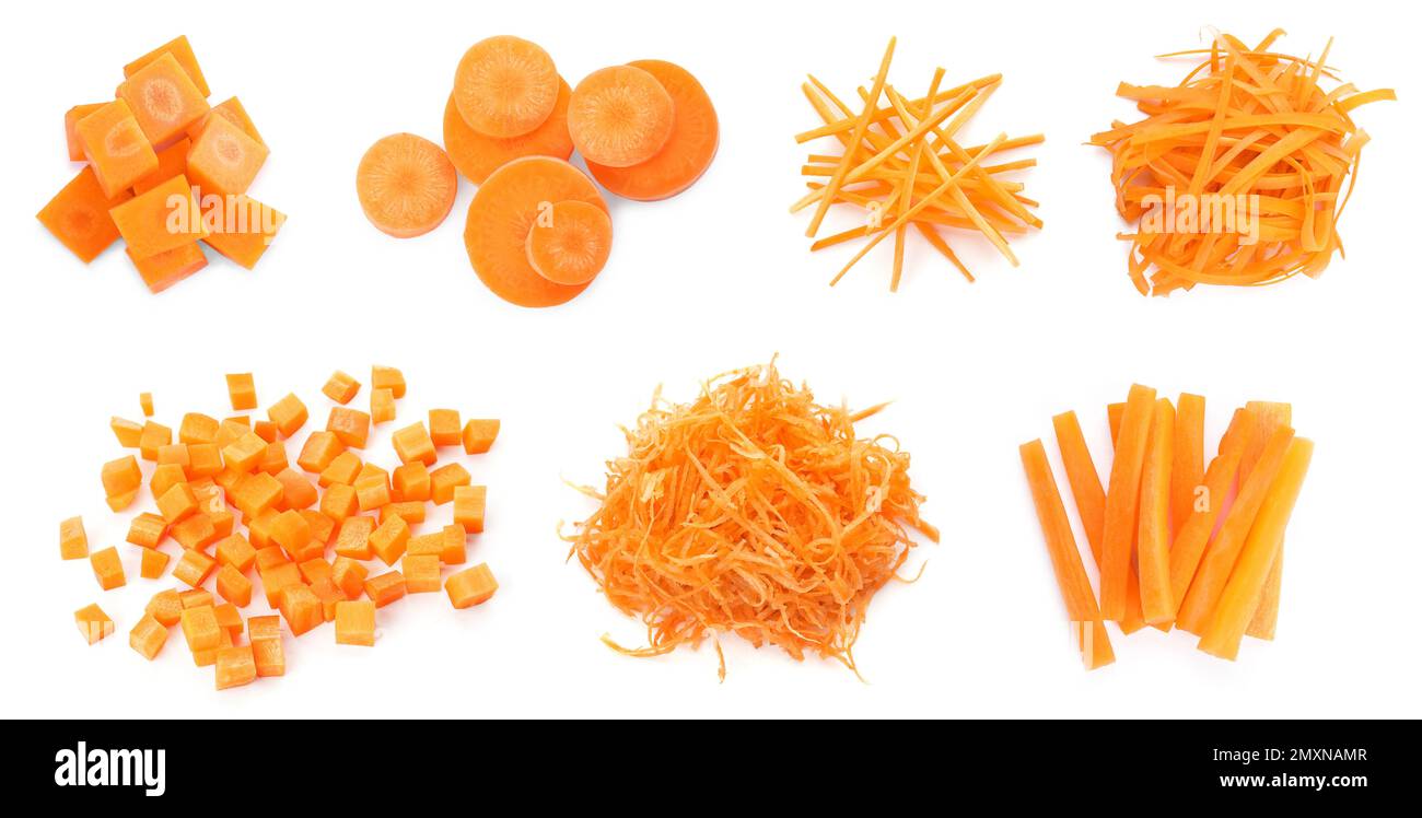 Collage of cut and grated carrots on white background, banner design ...