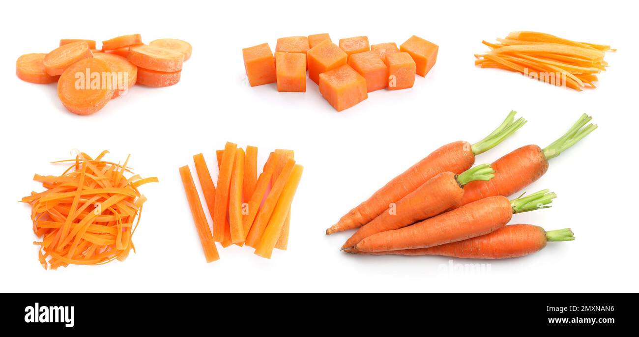 Set of whole and cut carrots on white background. Banner design Stock ...