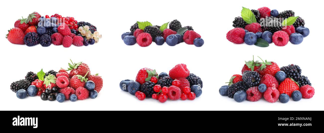 Set of different mixed berries on white background, banner design Stock ...