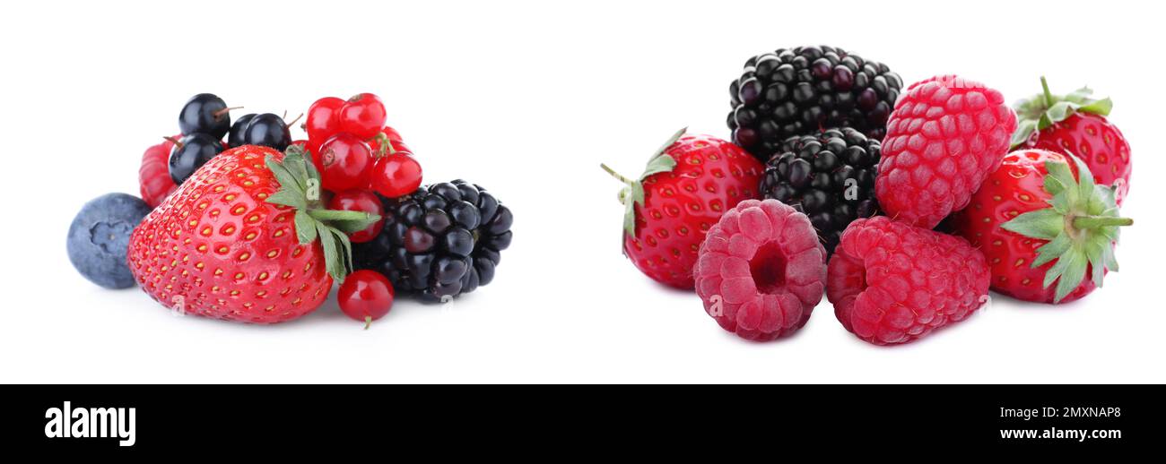 Set of different mixed berries on white background, banner design Stock ...