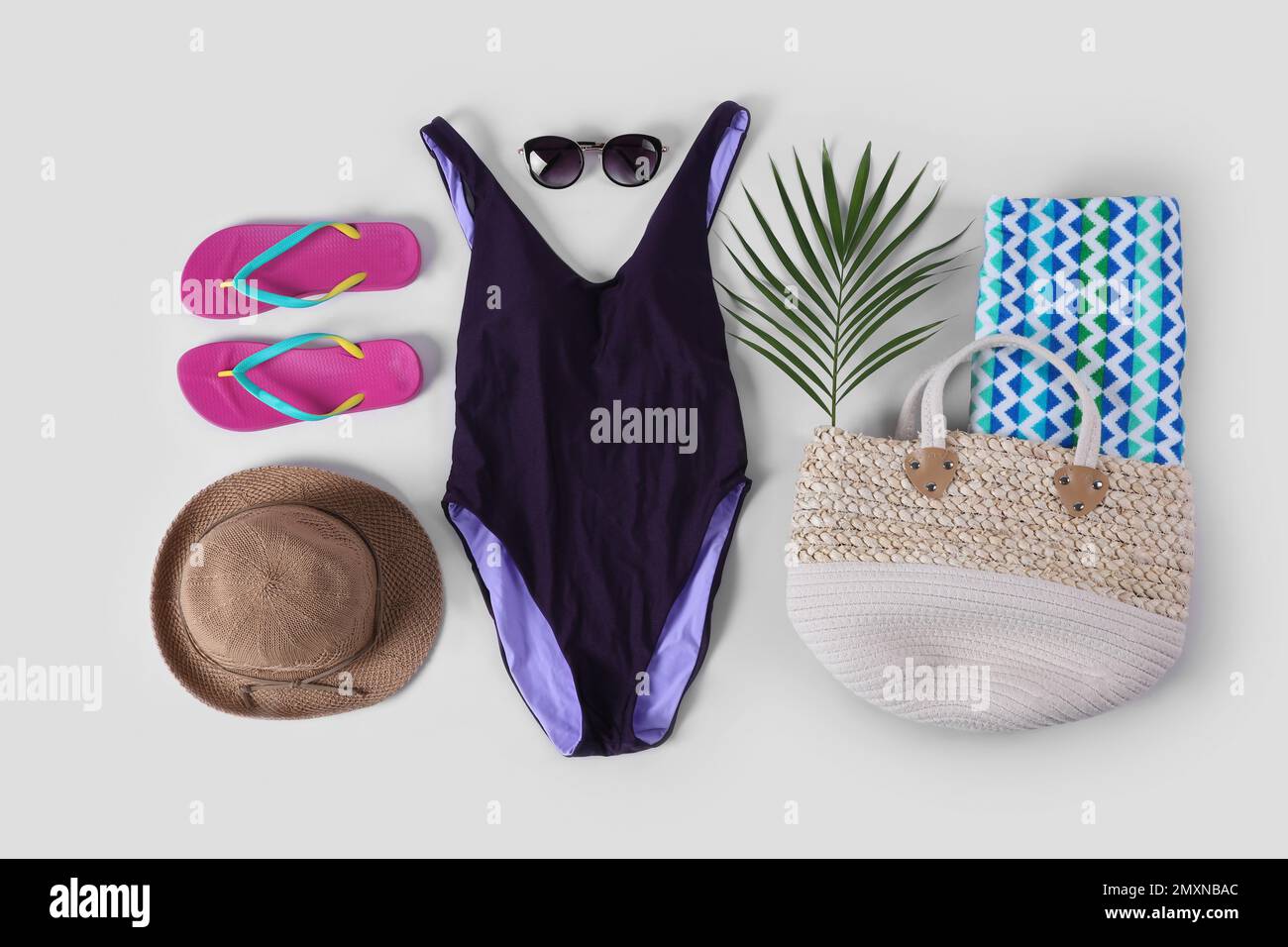 Flat lay composition with beach accessories on white background Stock ...