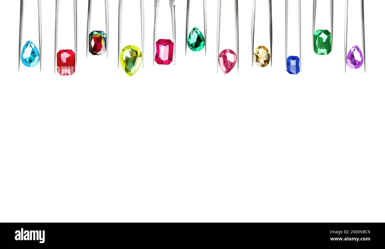 Set of tweezers with different shiny gemstones on white background ...