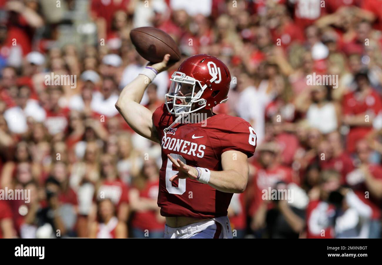 Oklahoma quarterback Baker Mayfield (6) throws during the second half of an NCAA college ...