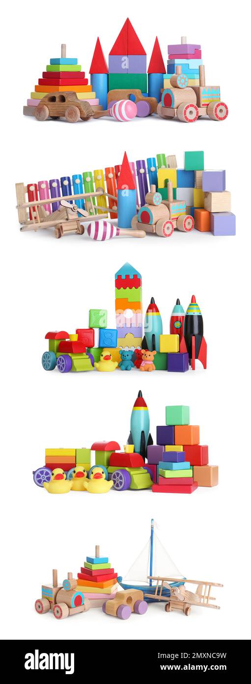 Set of different toys for kids on white background Stock Photo - Alamy