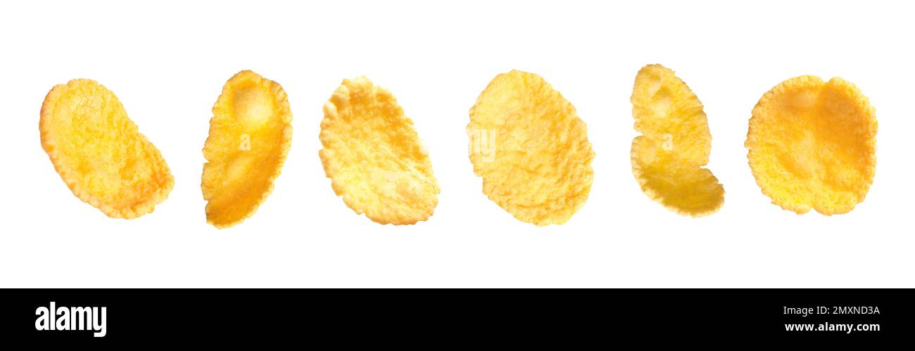 Set of tasty crispy corn flakes on white background. Banner design ...