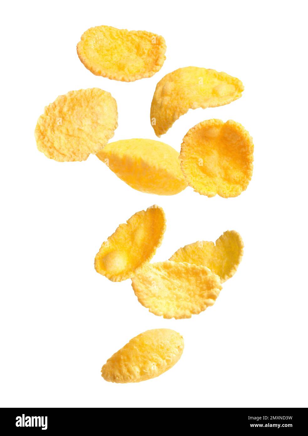 Tasty crispy corn flakes falling on white background Stock Photo - Alamy