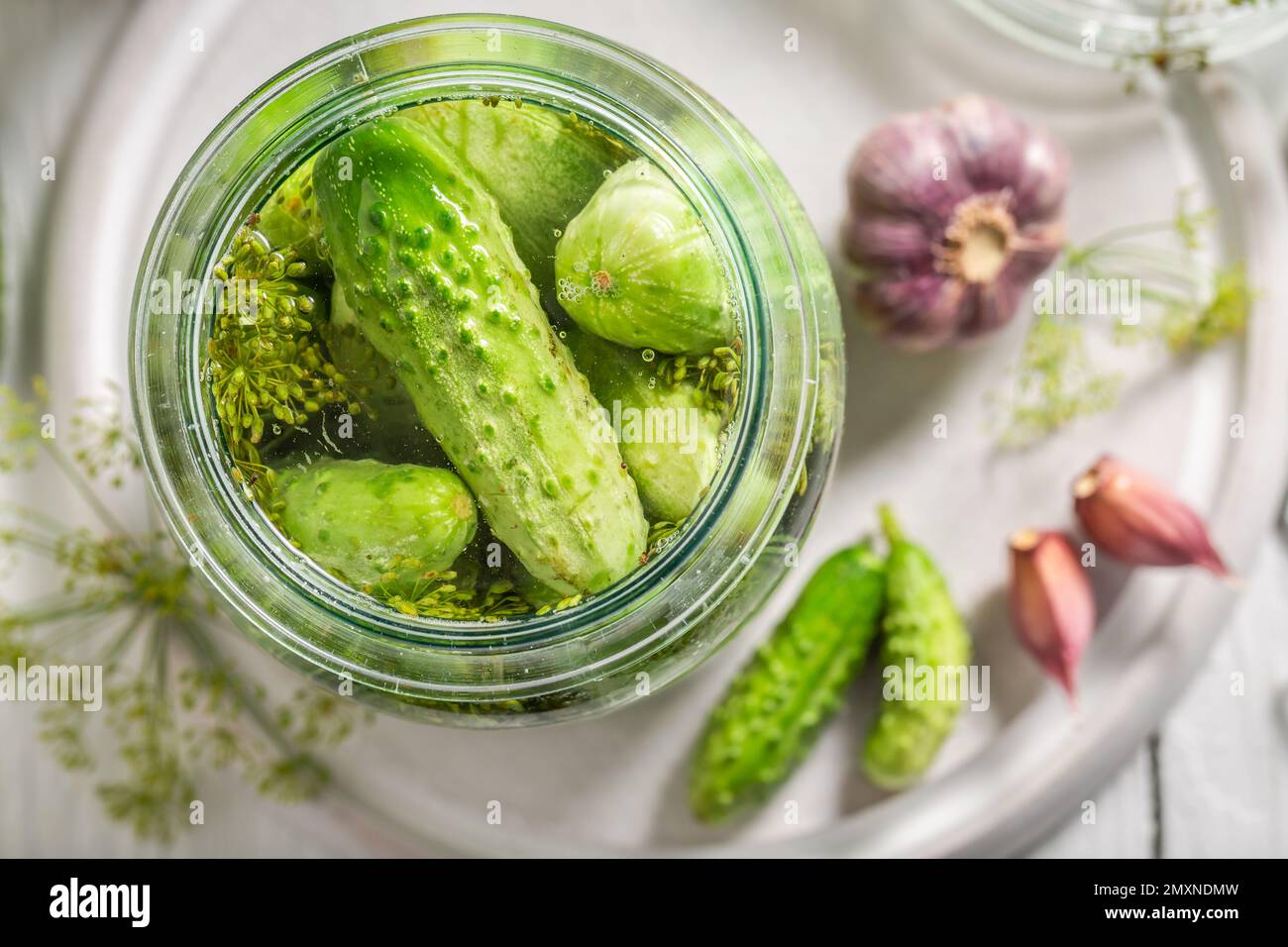 Homemade and tasty pickled cucumber made of green vegetables and dill ...