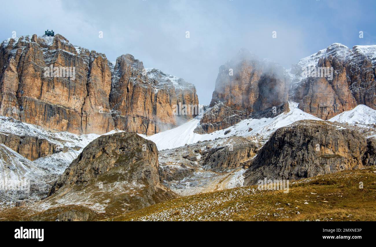 the spring fog on the Pordoi Pass at over 2200 meters above sea level ...
