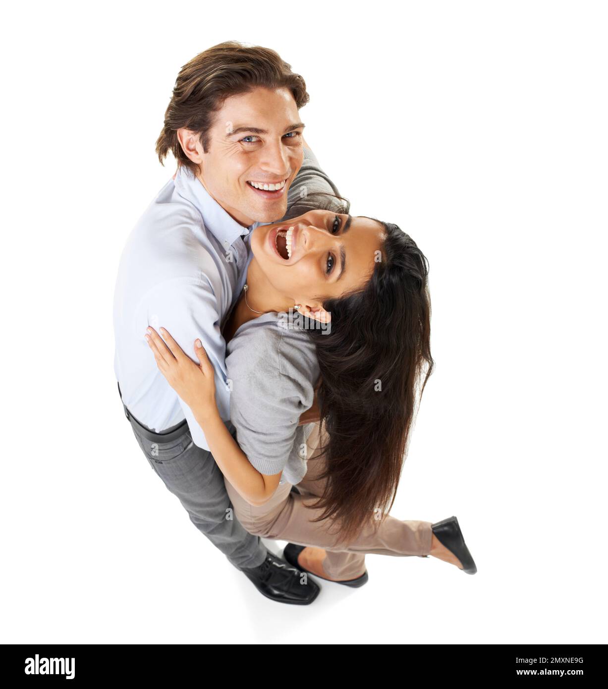 Top view, love and couple dance, portrait and happiness for romance ...