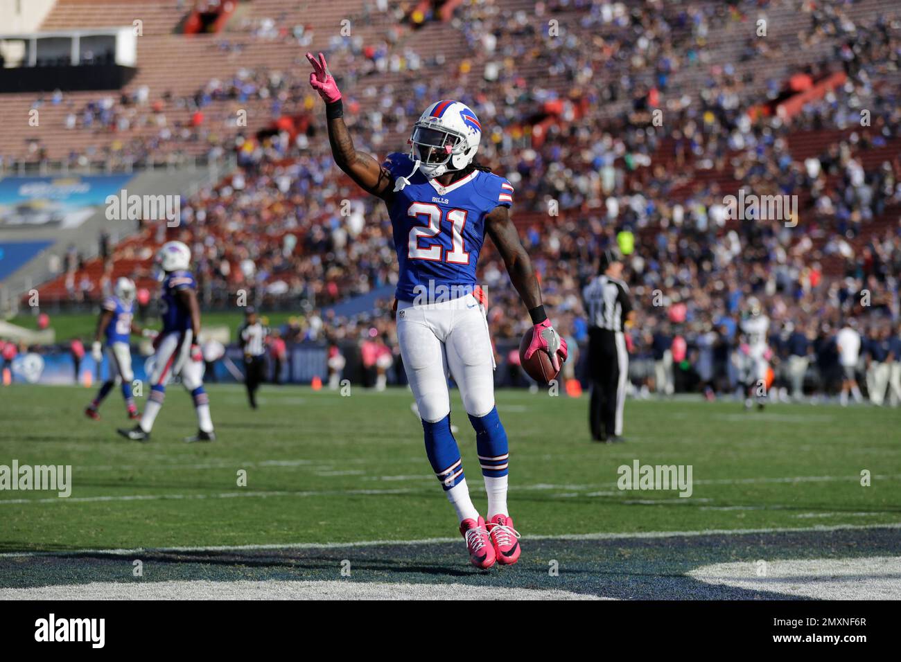 Buffalo Bills defensive back Nickell Robey (21) reacts after grabbing an interception during the ...
