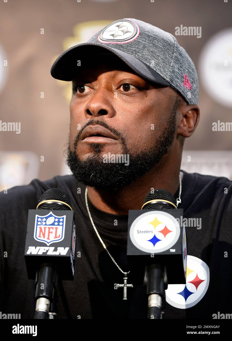 Pittsburgh Steelers head coach Mike Tomlin speaks to the media after an ...