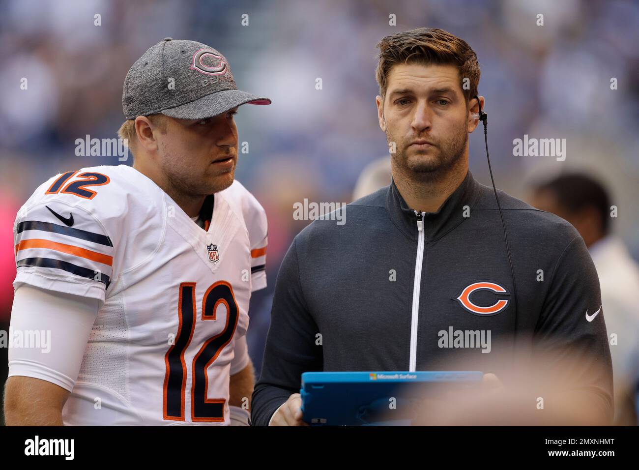 Chicago Bears quarterback Matt Barkley (12) talks with quarterback Jay ...