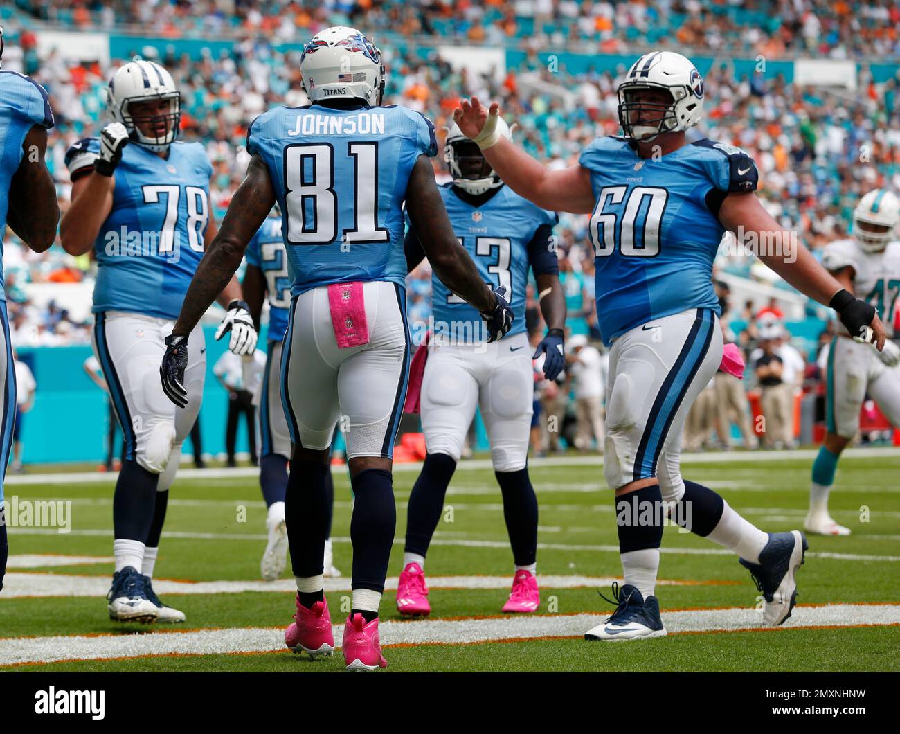 Tennessee Titans wide receiver Andre Johnson (81) is congratulated by ...