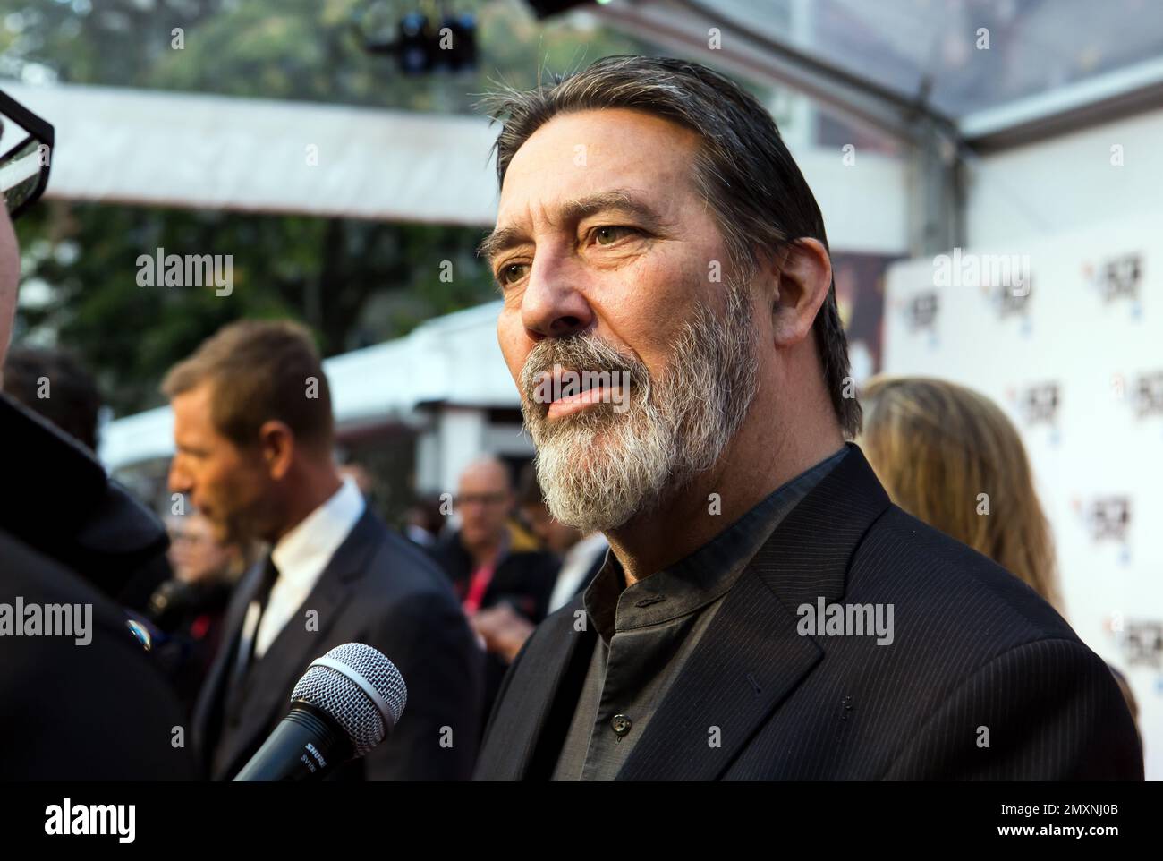 Actor Ciaran Hinds talks to interviewers on arrival at the premiere of ...