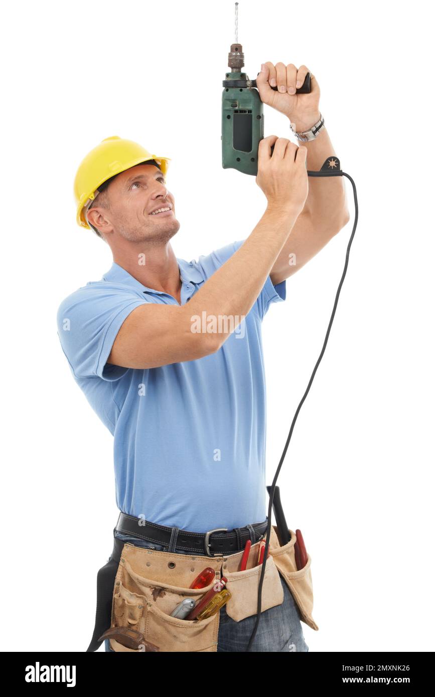 Construction, drill and man with tools for building, maintenance and ...