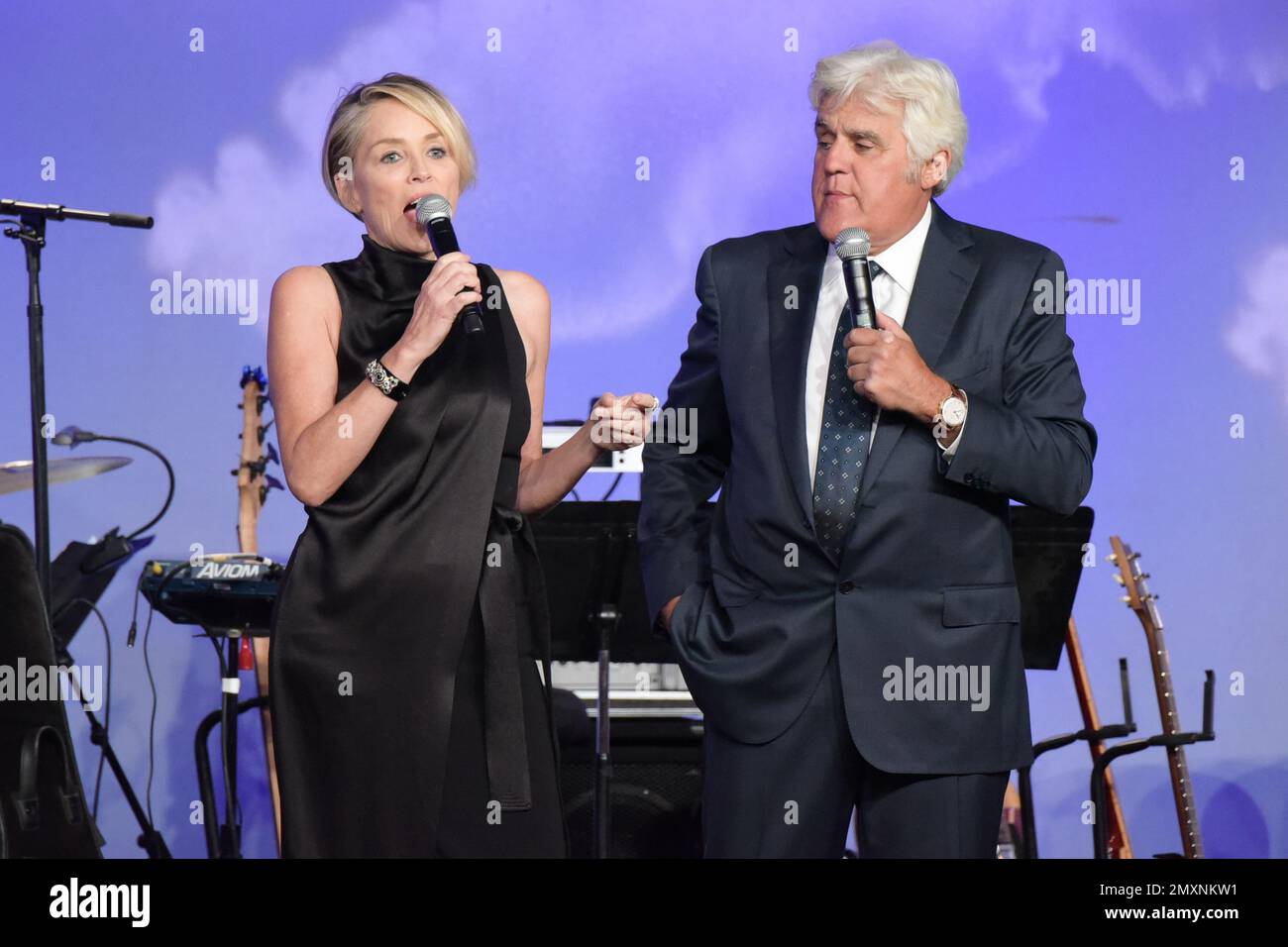 Jay Leno, left, and Sharon Stone are seen onstage at the 2016 Carousel ...