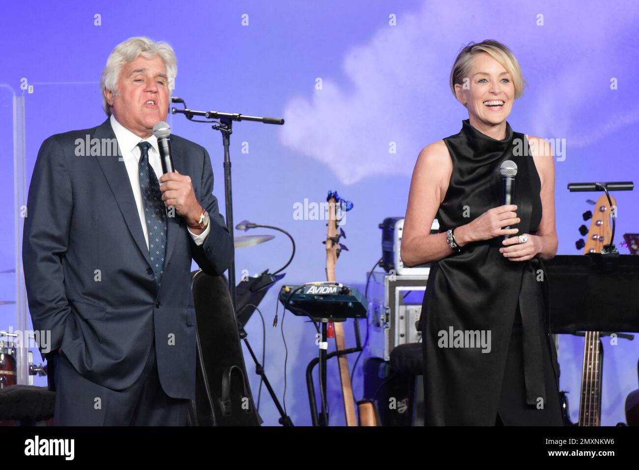 Jay Leno, left, and Sharon Stone are seen onstage at the 2016 Carousel ...