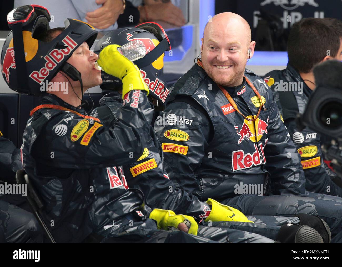 Red Bull crew react at their garage as its driver Max Verstappen of the ...