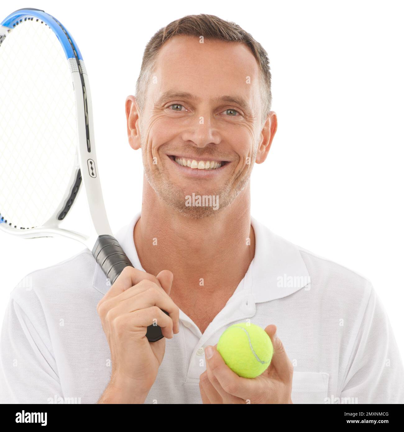 Face portrait, tennis sports and man in studio isolated on a white ...