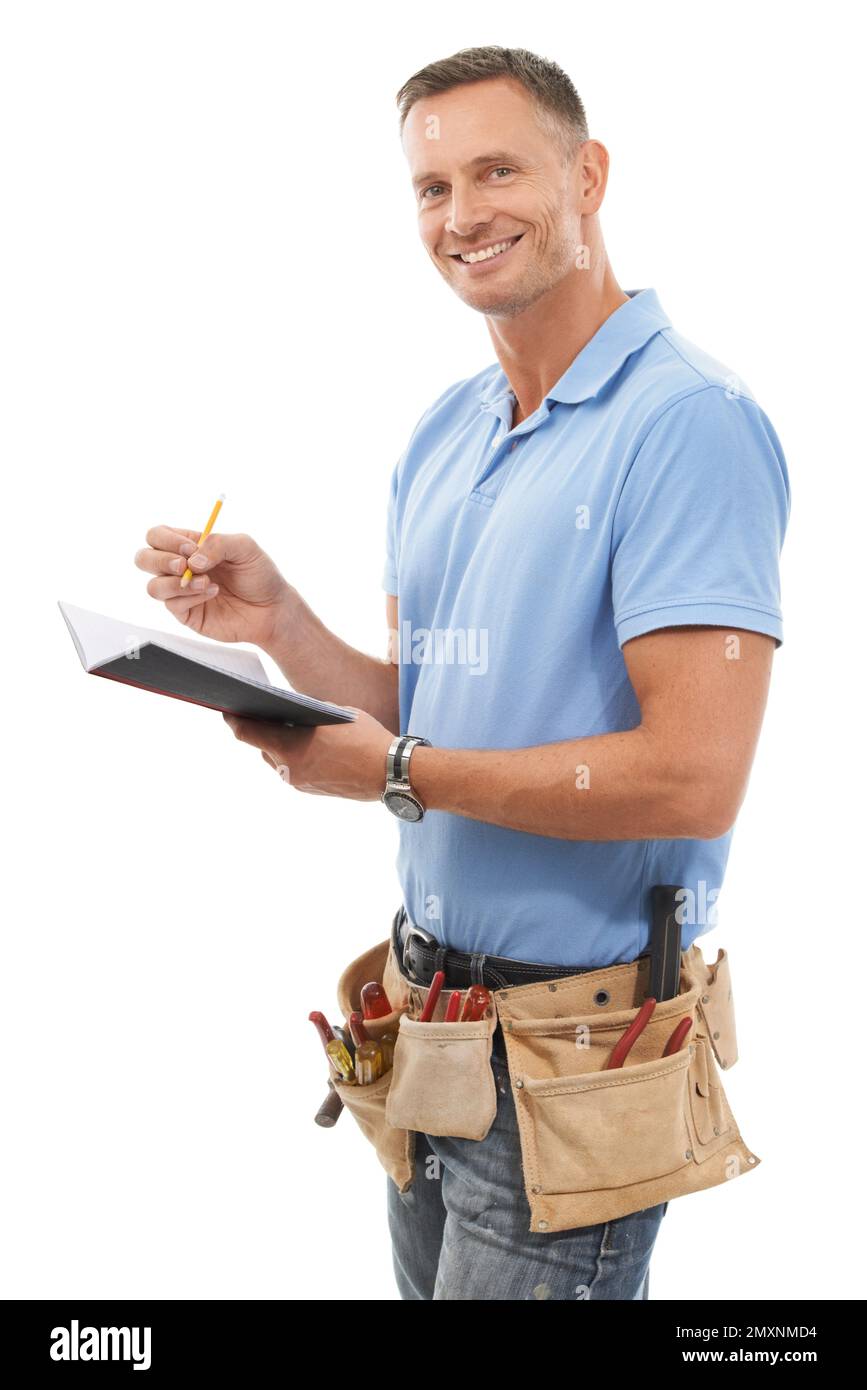 Handyman, contractor or man isolated on a white background with ...