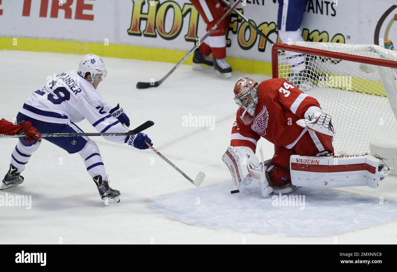 Detroit Red Wings goalie Petr Mrazek (34) stops a shot by Toronto Maple ...