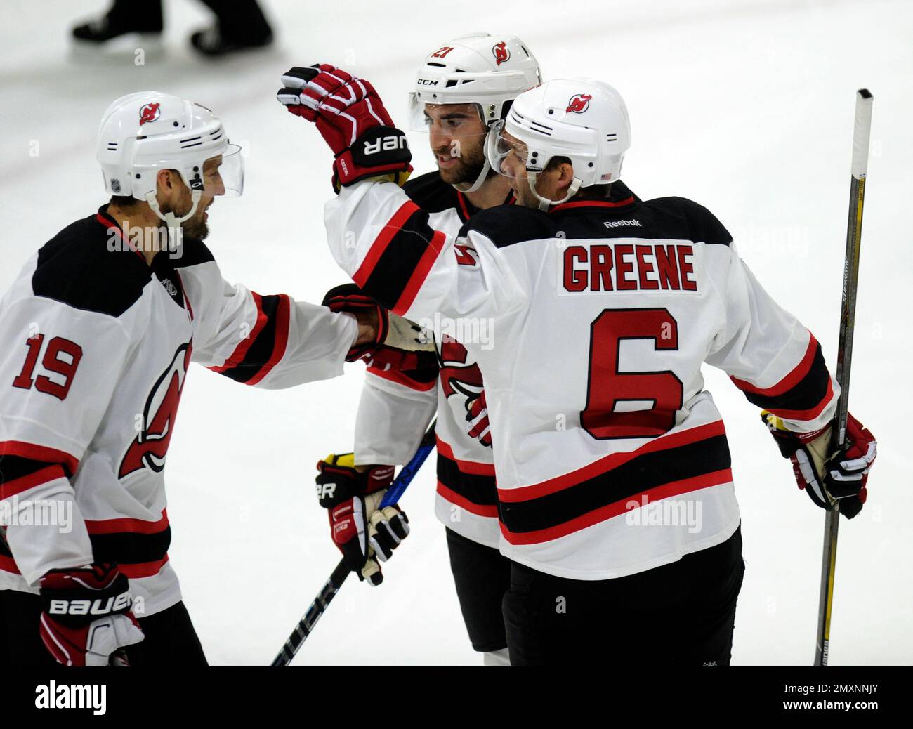 New Jersey Devils defenseman Andy Greene (6) celebrates his goal ...