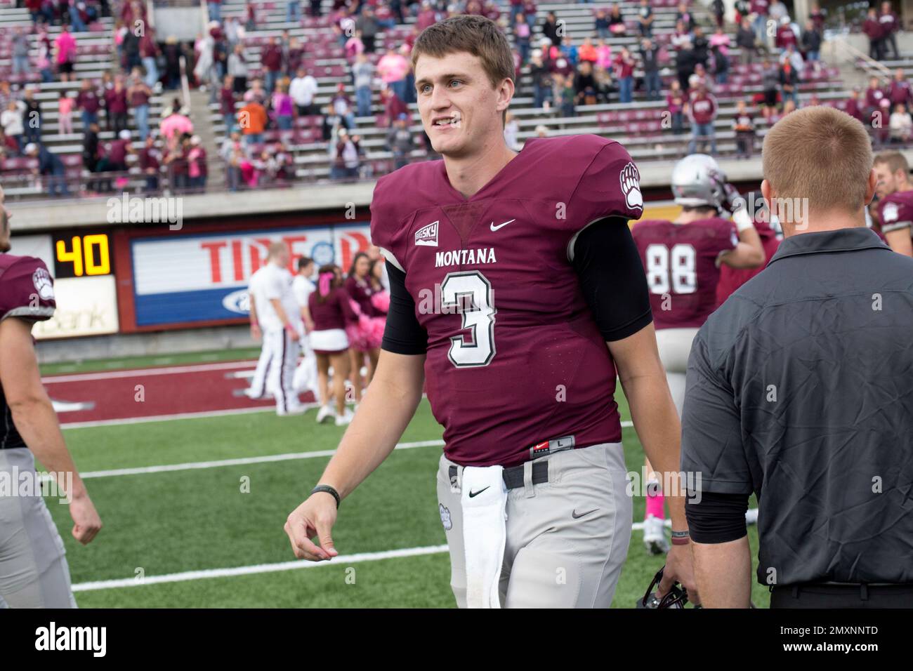 Montana quarterback Brady Gustafson (3) walks off the field after ...
