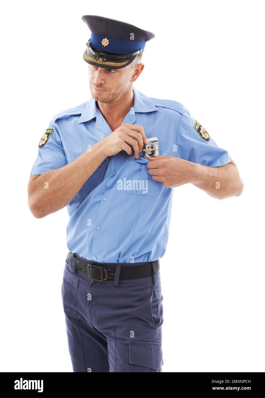 Police man, cash bribe and corruption, sneaky face and illegal activity ...