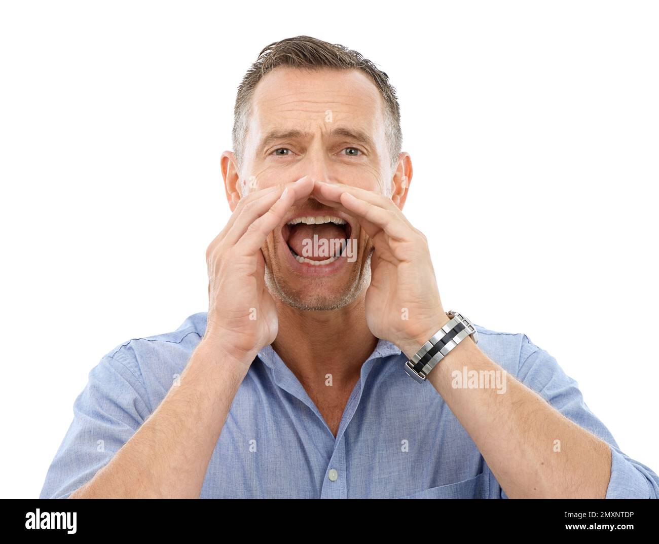 Shouting, yelling and portrait of a man with an announcement isolated ...