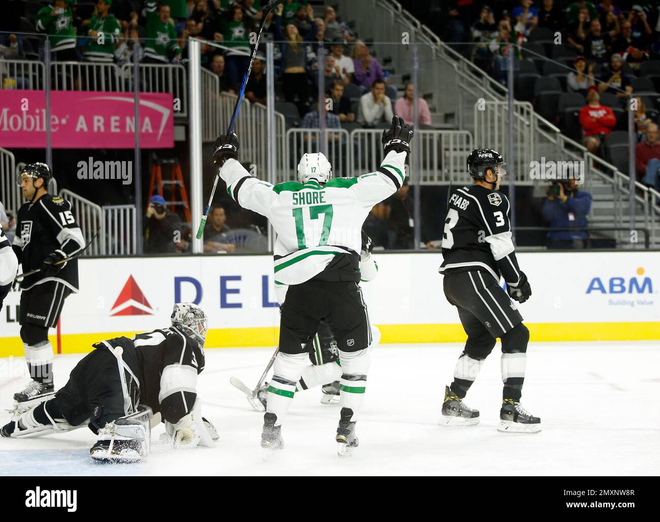 Dallas Stars center Devin Shore (17) celebrates after scoring on Los ...