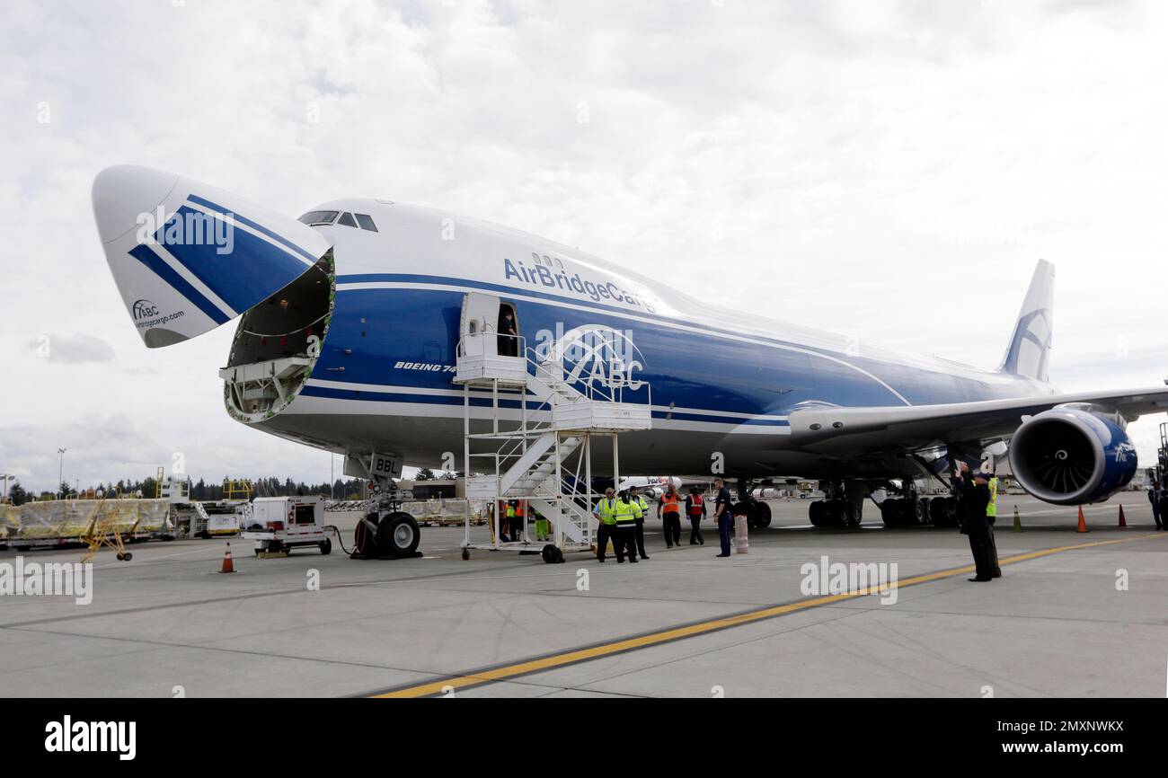 A new AirBridgeCargo Boeing 787-8 freighter airplane sits on the tarmac ...