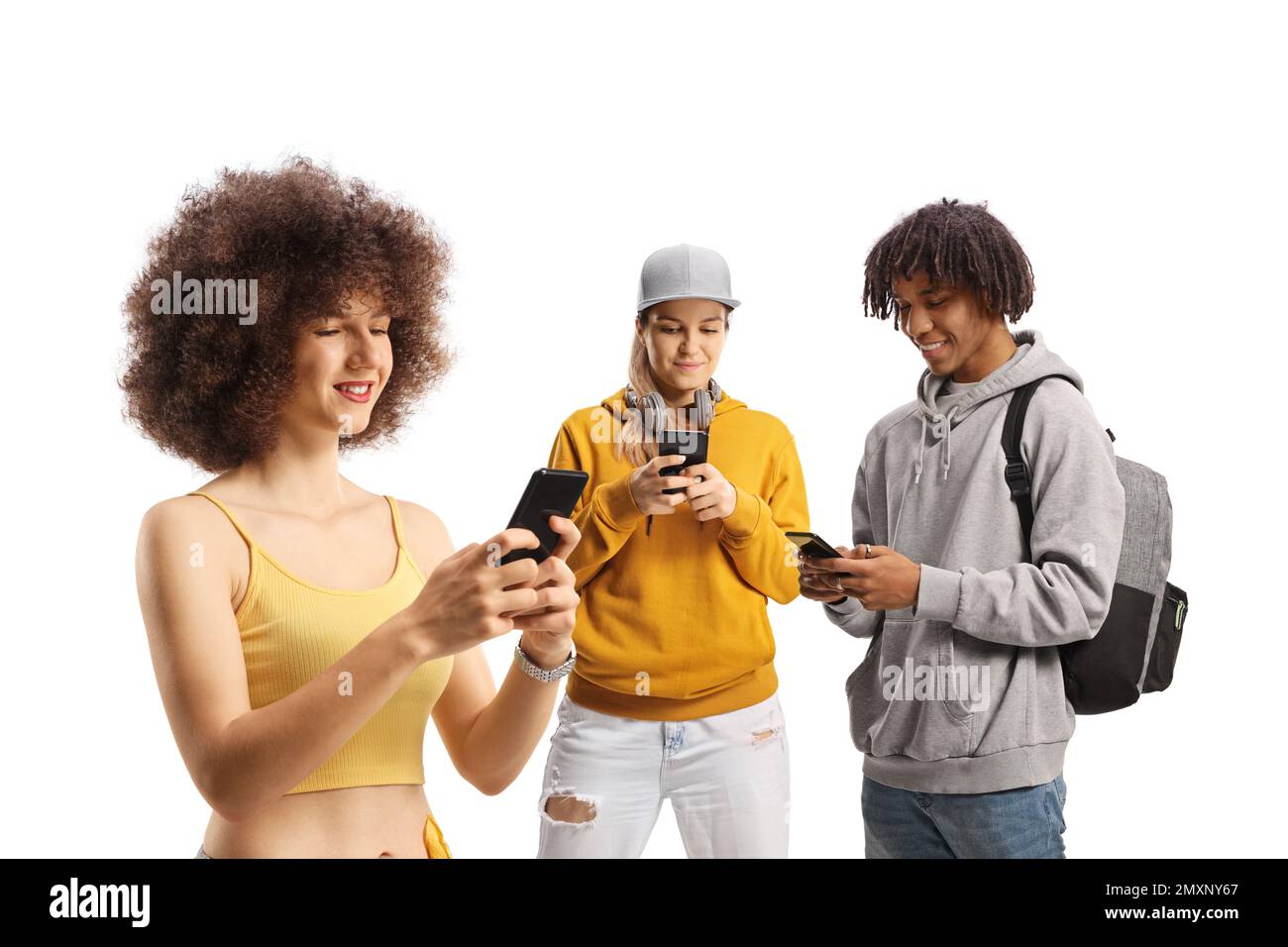 Group of young people using mobile phones isolated on white background ...